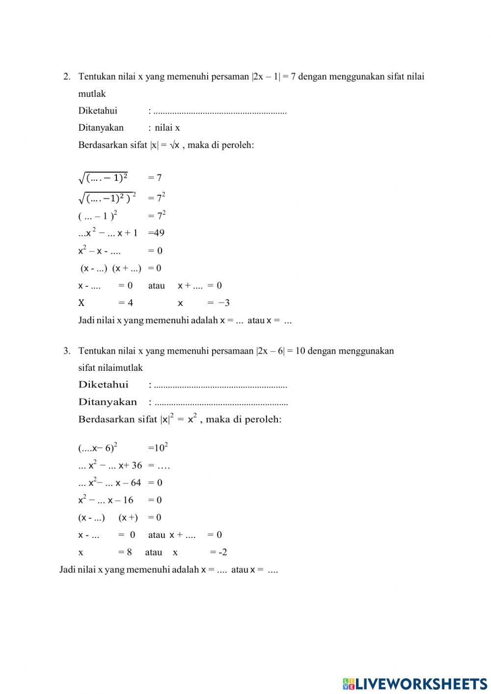 Nilai mutlak interactive activity | Live Worksheets