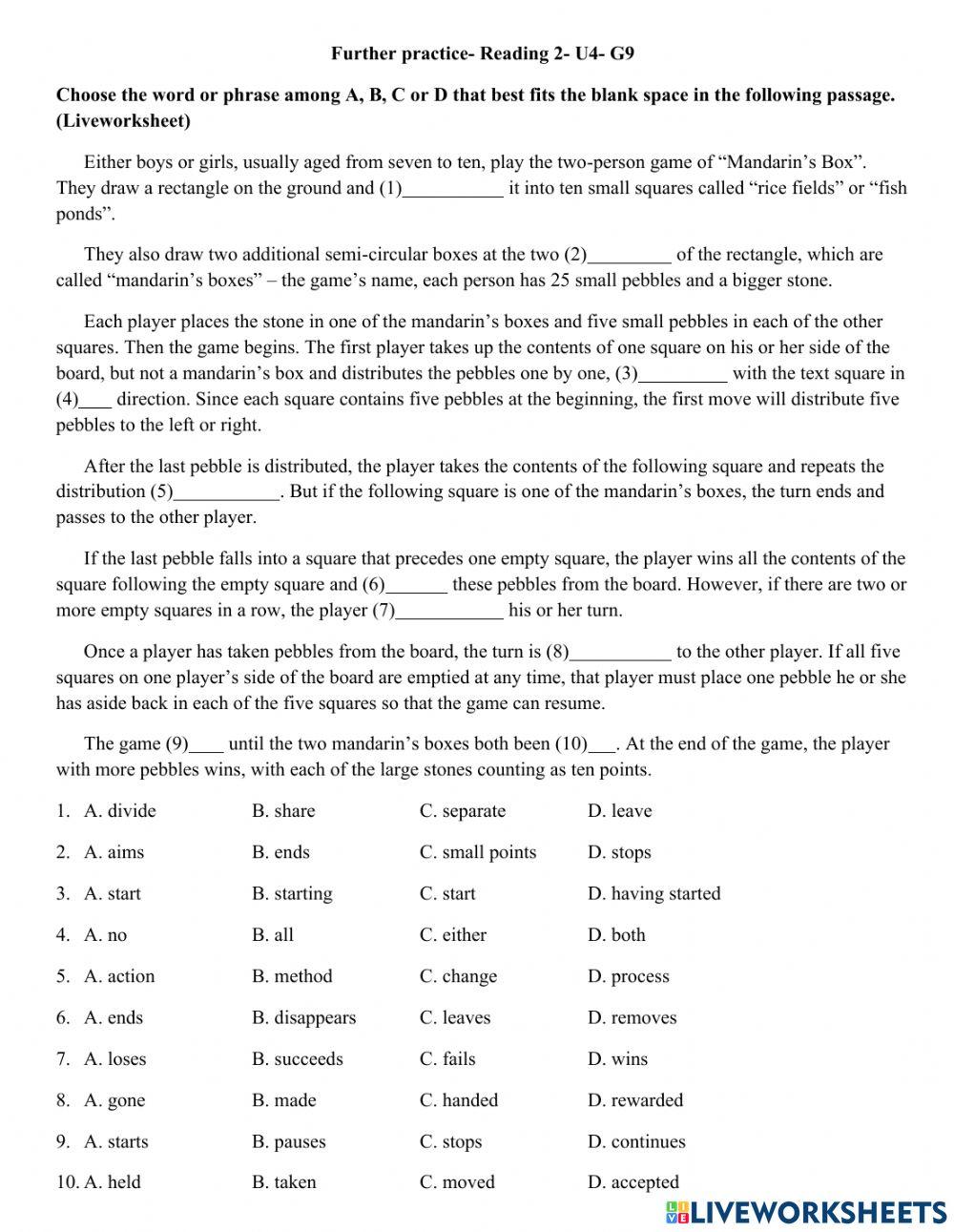 Further practice- Reading 2- U4- G9 worksheet | Live Worksheets