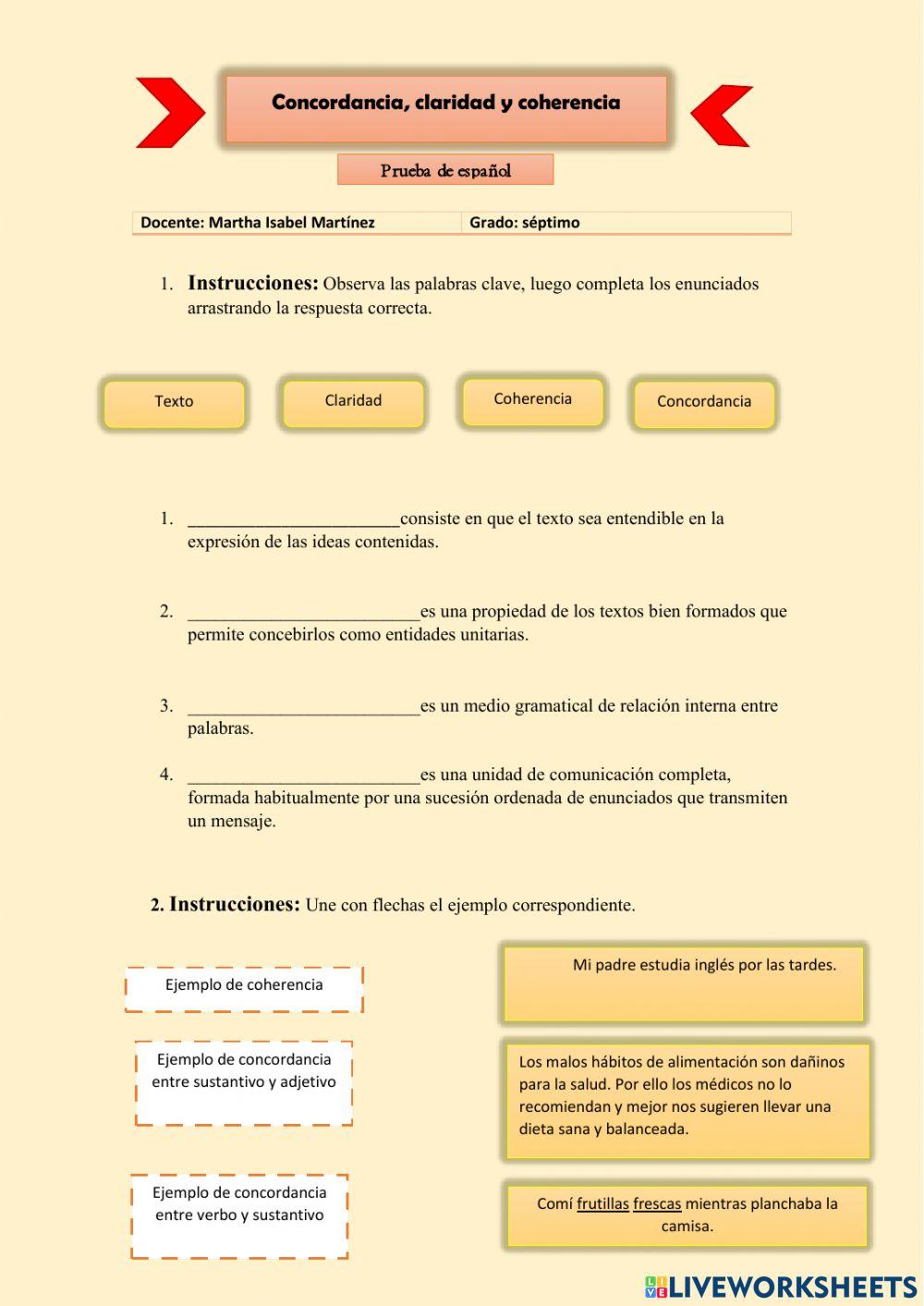Concordancia, claridad y coherencia worksheet | Live Worksheets