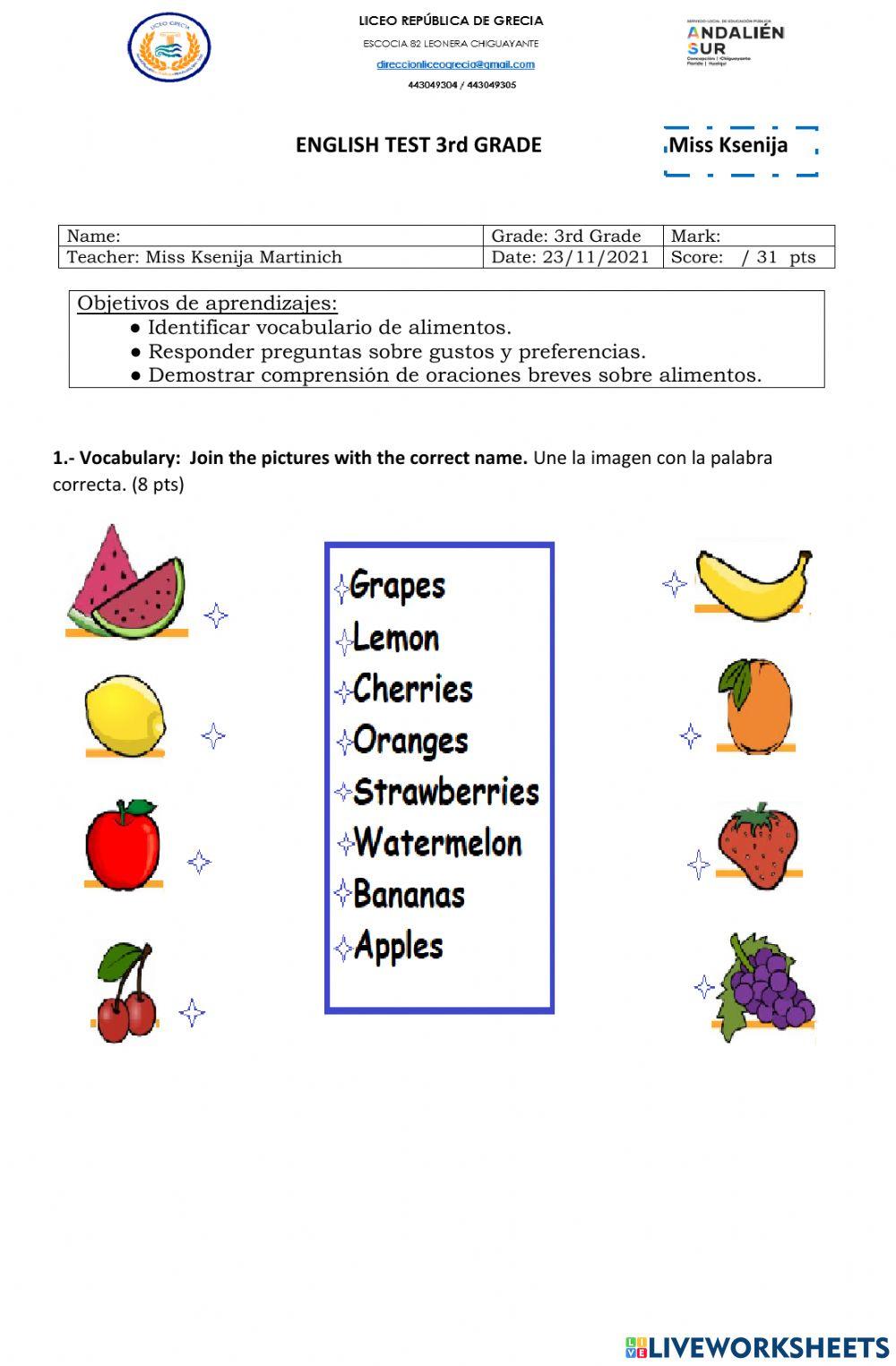 Test online exercise for 3rd Grade | Live Worksheets