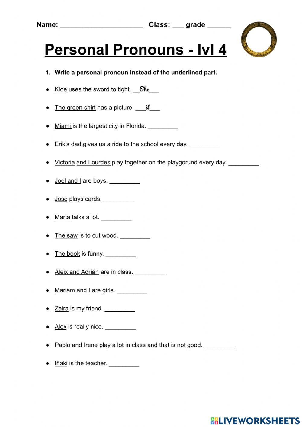Personal Pronouns - lvl 4 worksheet | Live Worksheets