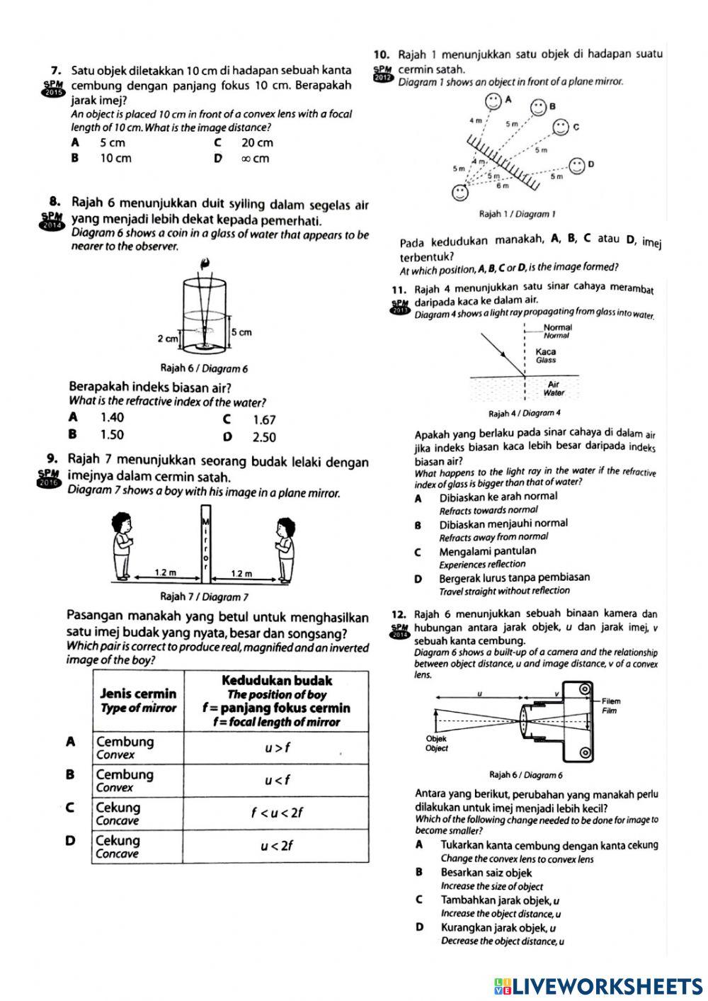 Pop Quiz : Chapter 6 Light and Optics online exercise for | Live Worksheets