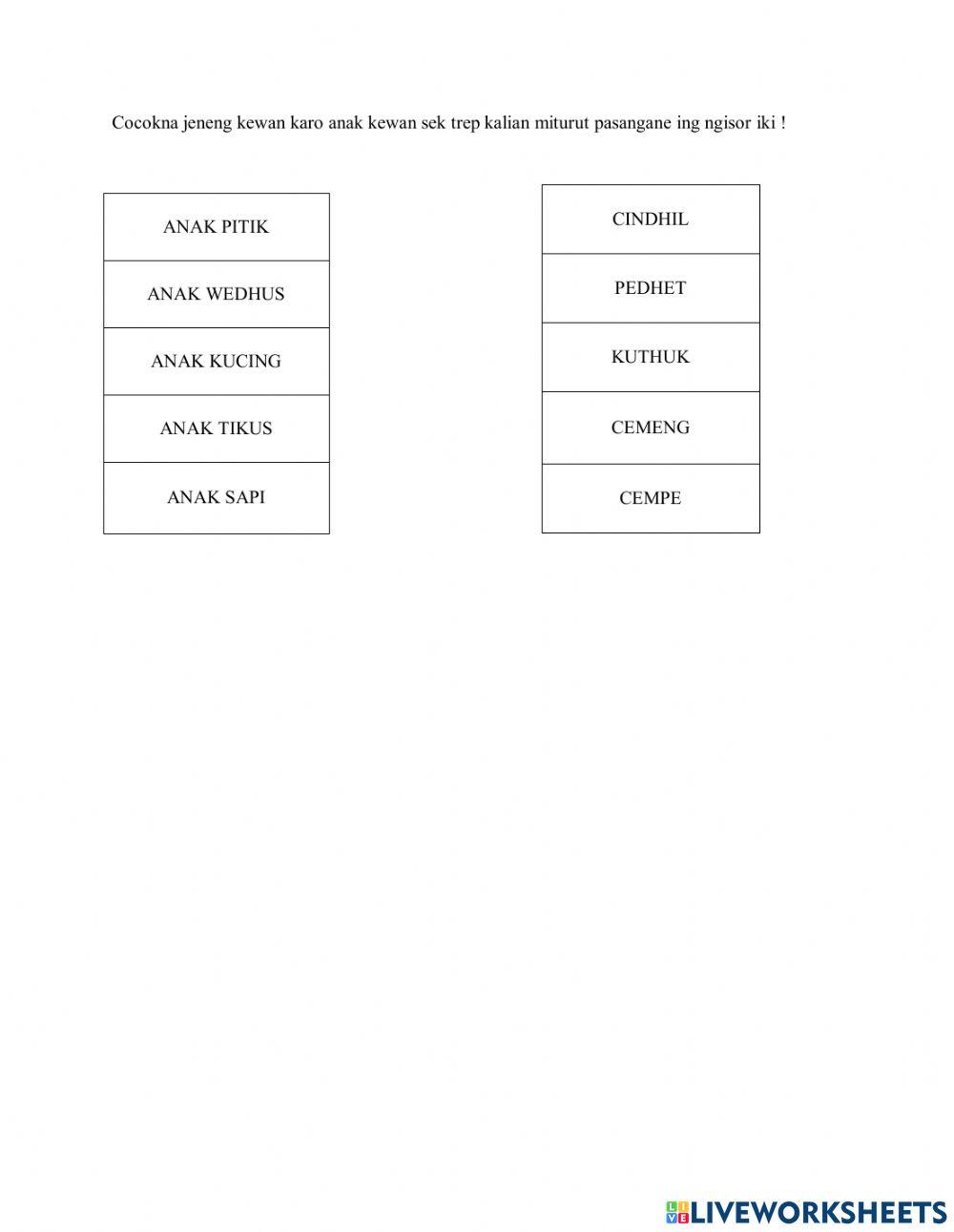 Jeneng Anak Kewan worksheet | Live Worksheets