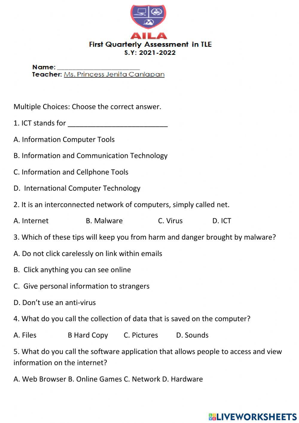 Exam TLE !st Quarter Assessment online exercise for | Live Worksheets