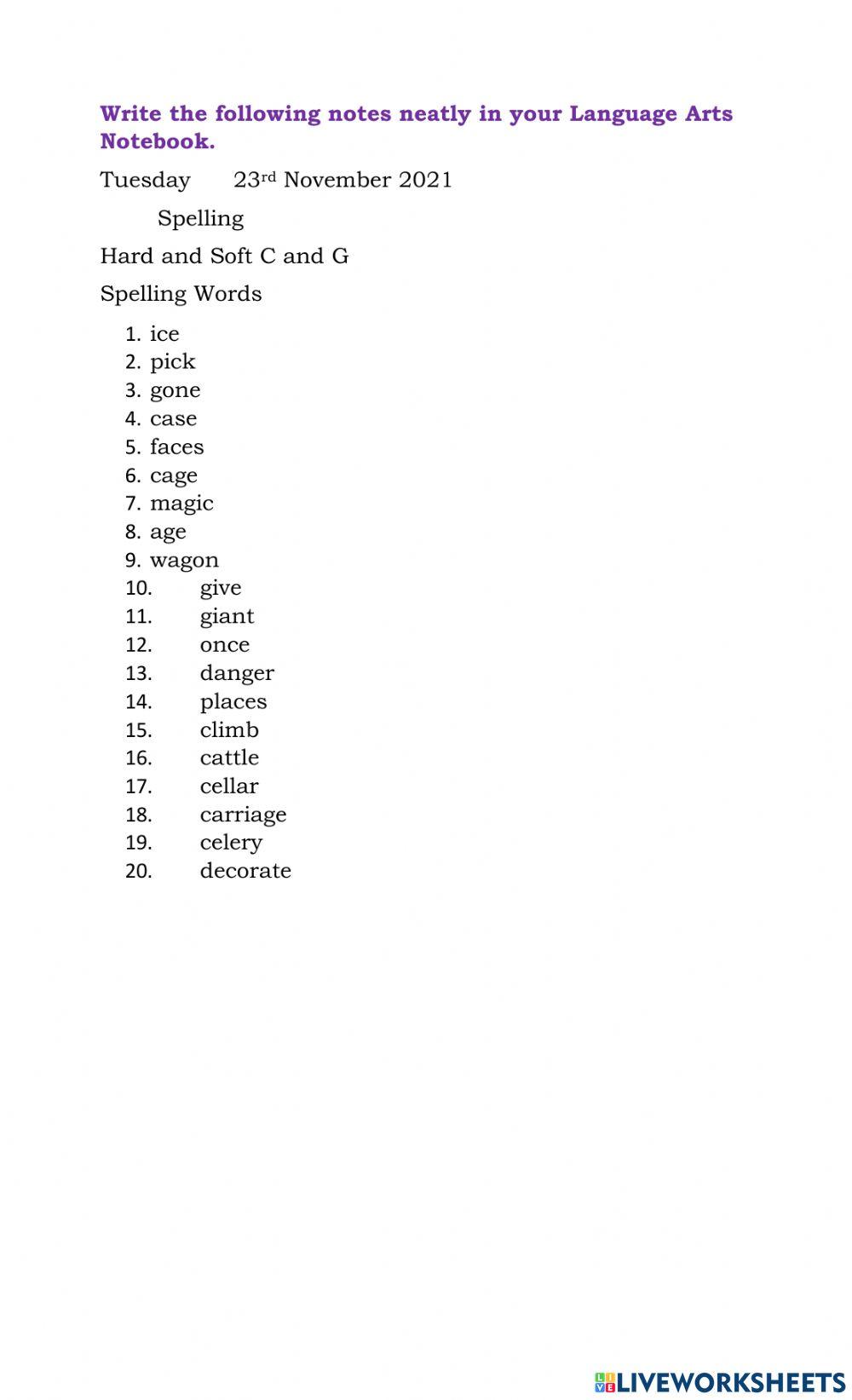 Hard and Soft C Spelling Words Notes worksheet | Live Worksheets