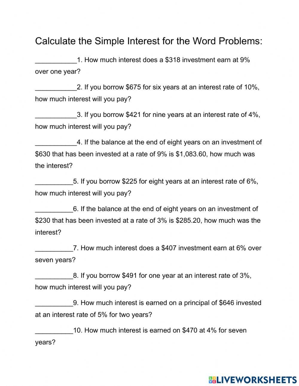 Simple Interest | Free Interactive Worksheets | 1674460