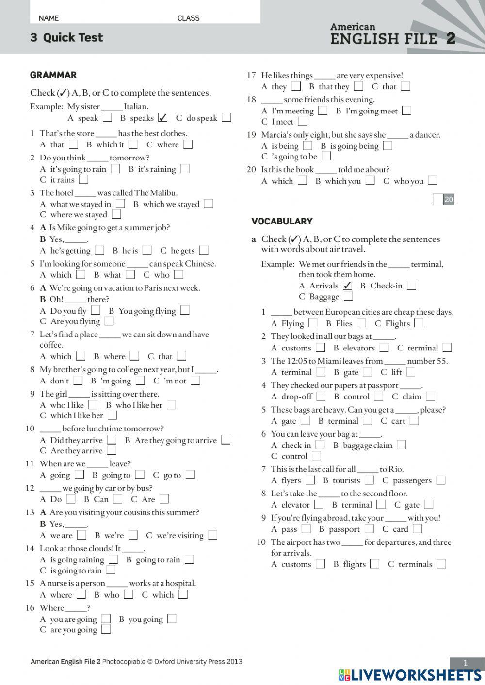 AEF 2 QUICK TEST 3 online exercise for | Live Worksheets