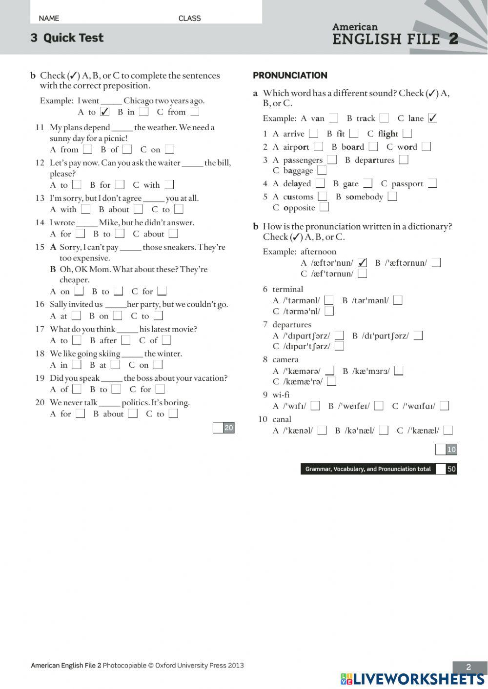 AEF 2 QUICK TEST 3 online exercise for | Live Worksheets