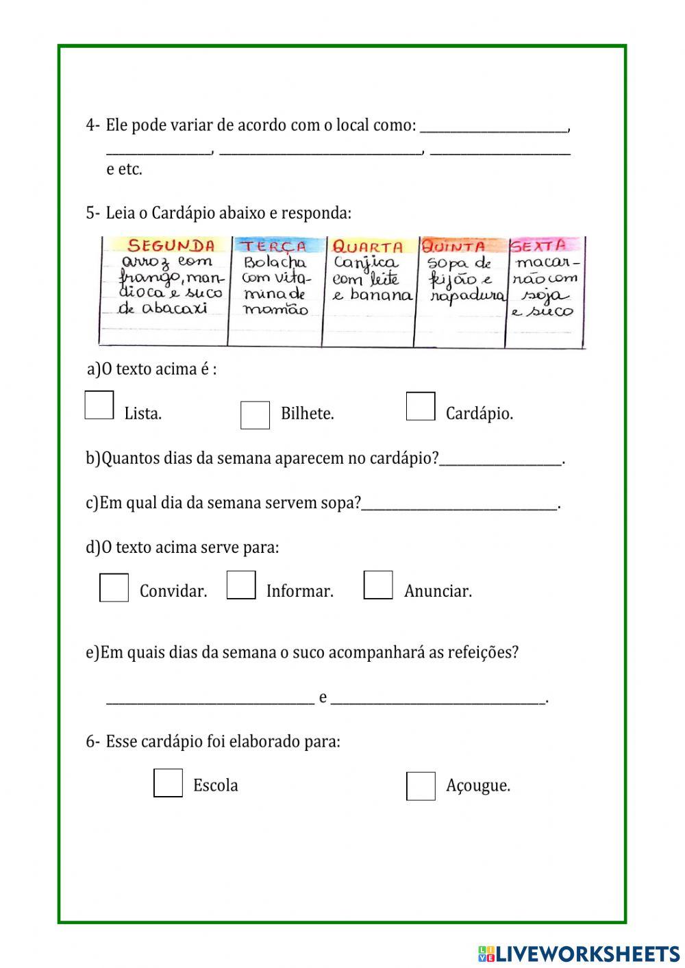 Gênero Textual Cardápio Com Atividades - RETOEDU