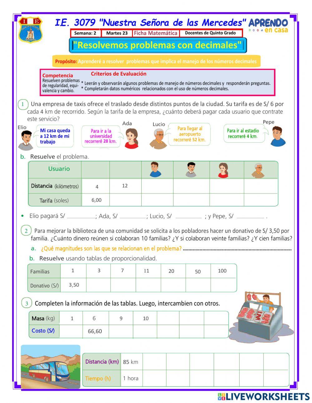 Problemas con decimales free worksheet | Live Worksheets