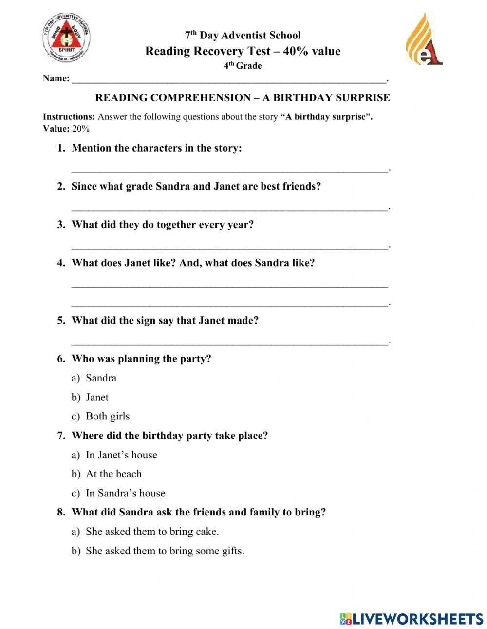 Reading recovery test online exercise for | Live Worksheets