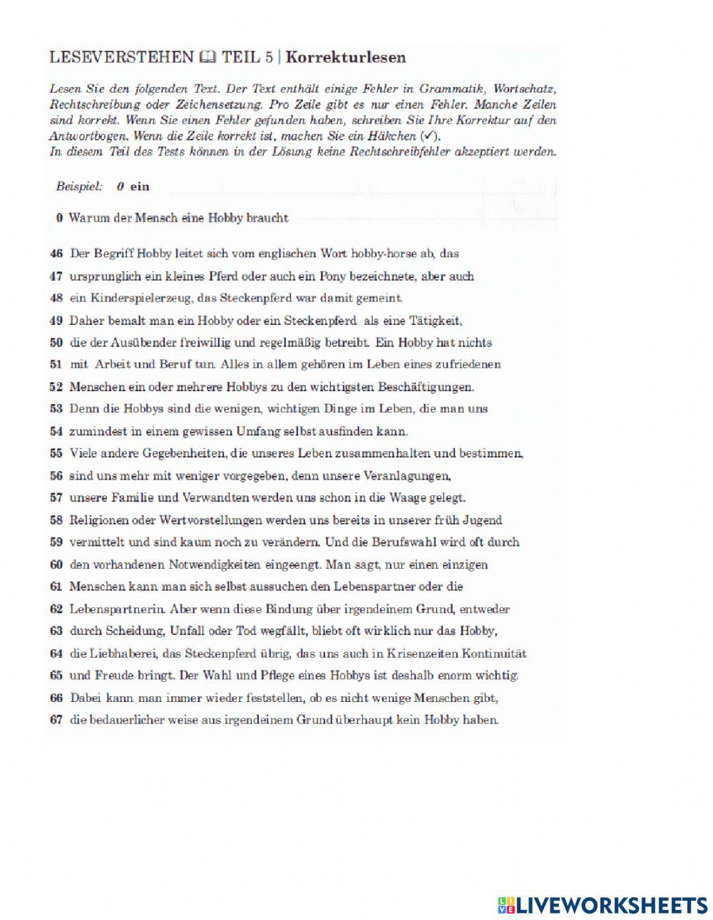 Leseverstehen online worksheet for C1 | Live Worksheets