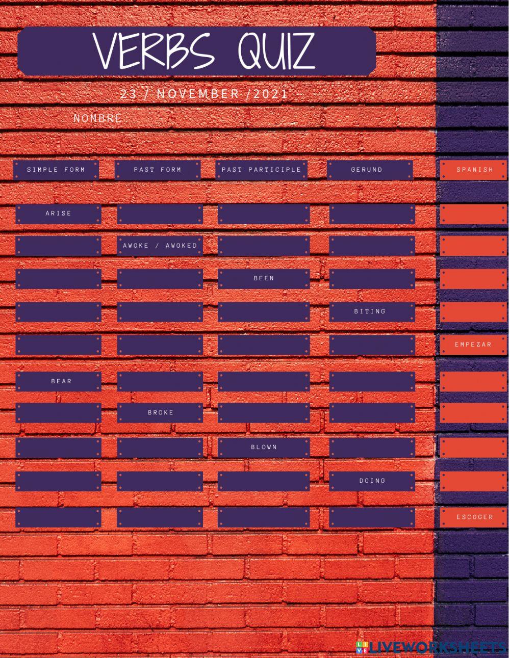 Verbs quiz online activity | Live Worksheets