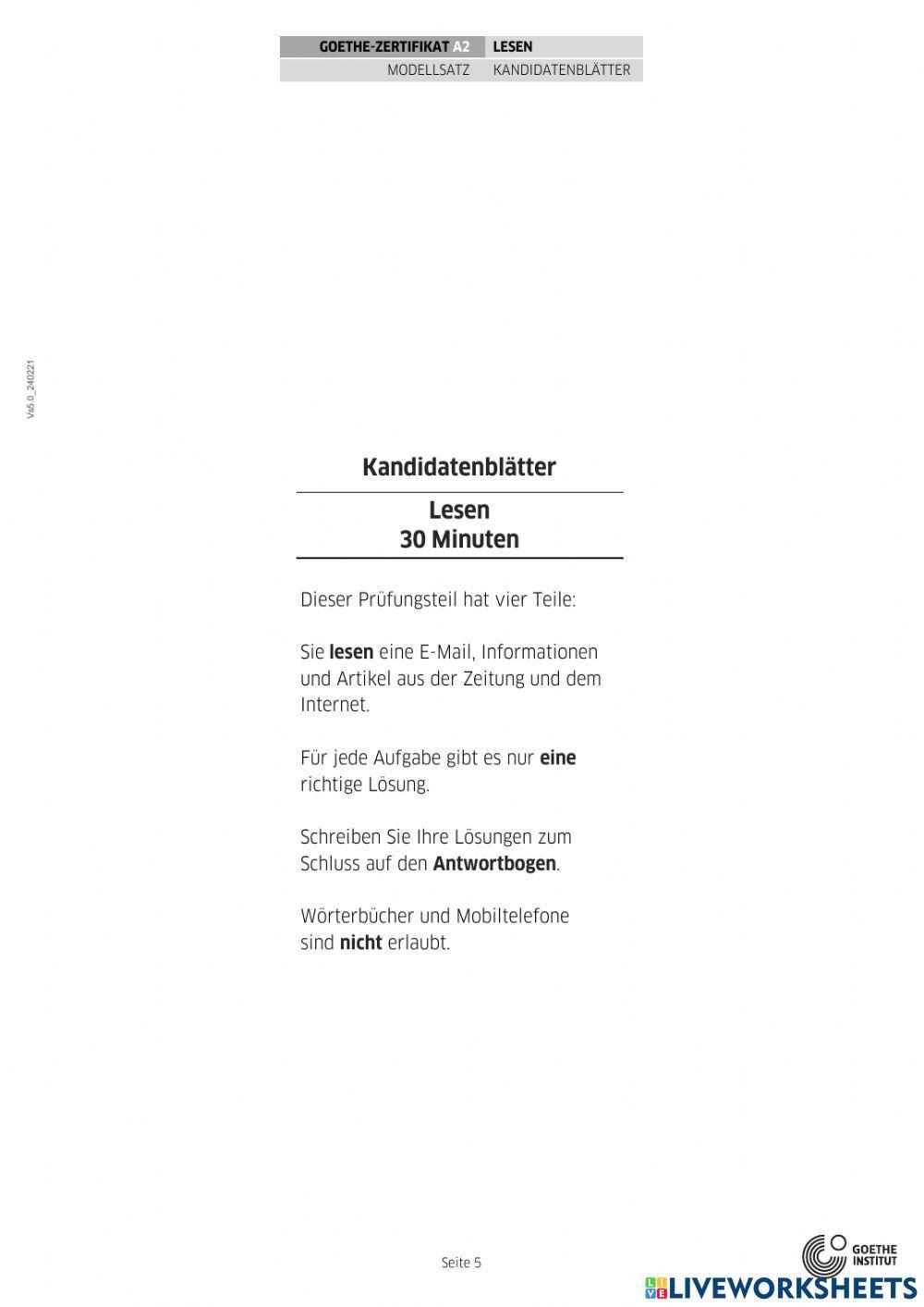 Goethe A2 Model… | Free Interactive Worksheets | 1676580