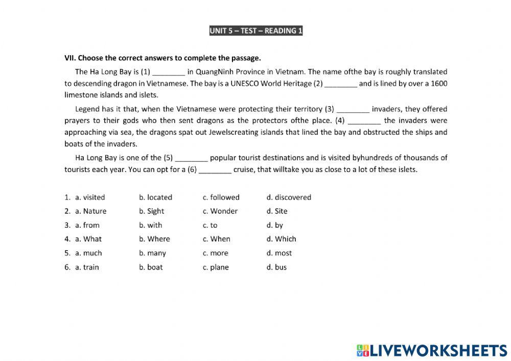 L6-U5-Reading 1 activity for grade 6 | Live Worksheets