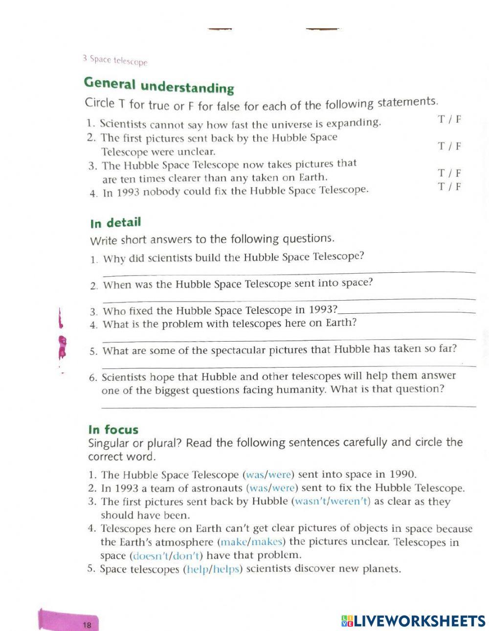 Spece telescope worksheet | Live Worksheets