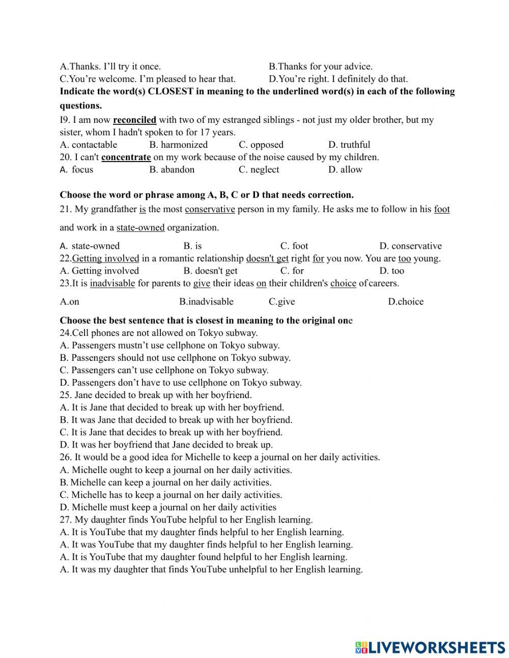 Review 1- Units 1,2 (Grade 11) worksheet | Live Worksheets