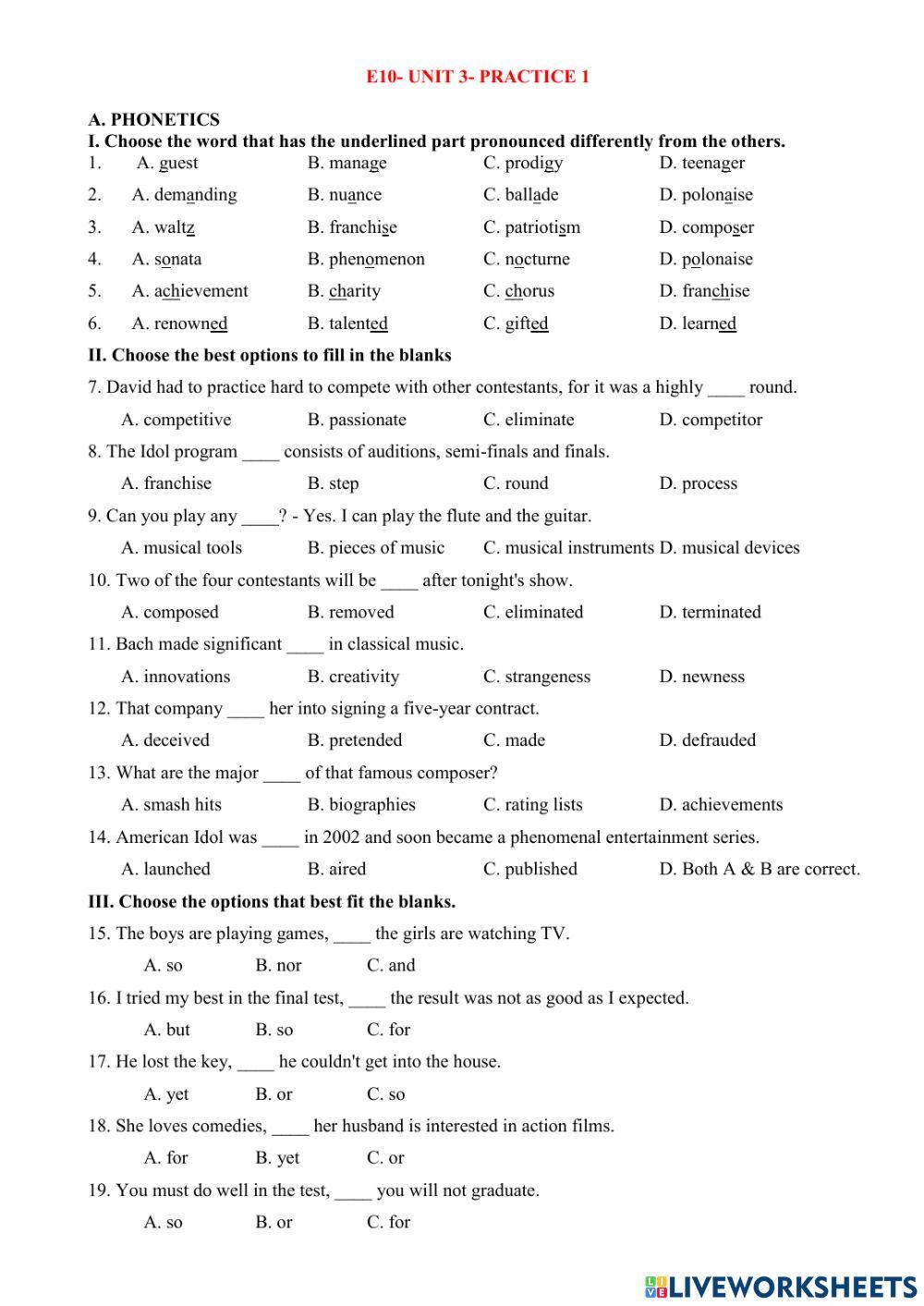 E10-unit 3-practice 1 worksheet | Live Worksheets
