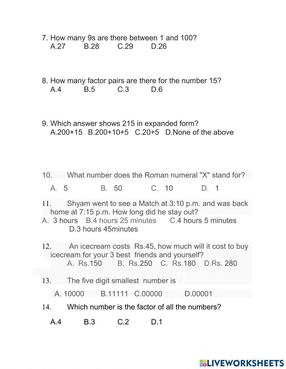 maths olympiad online exercise for | Live Worksheets
