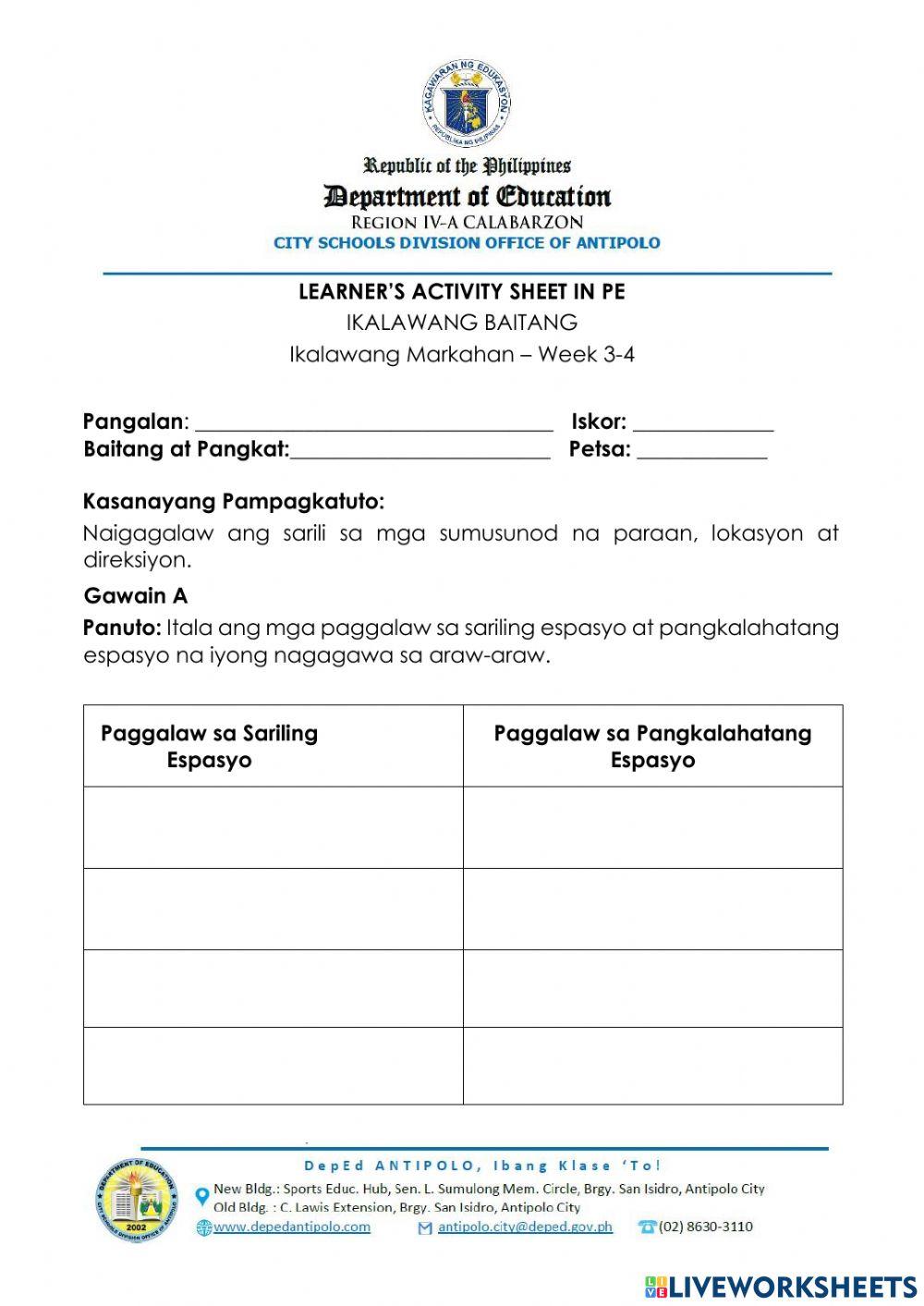 Q2,PE-Gr2-LAS-Week 3-4 worksheet | Live Worksheets