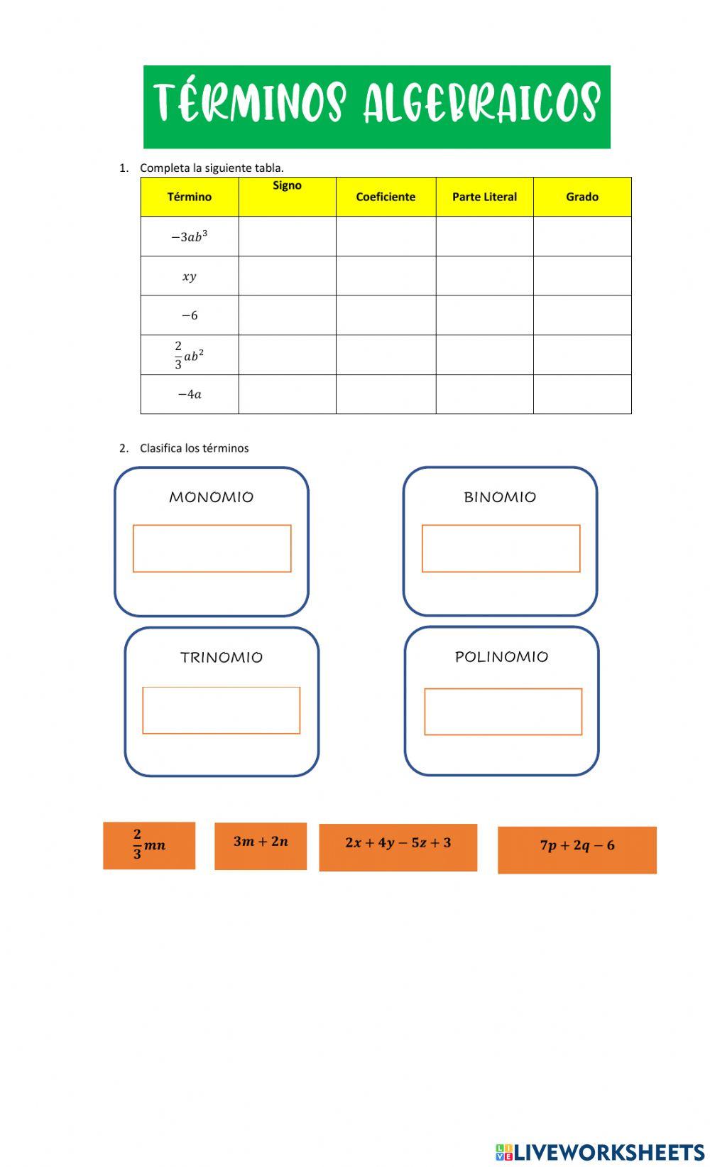 TÉRMINOS ALGEBRAICOS online exercise for | Live Worksheets