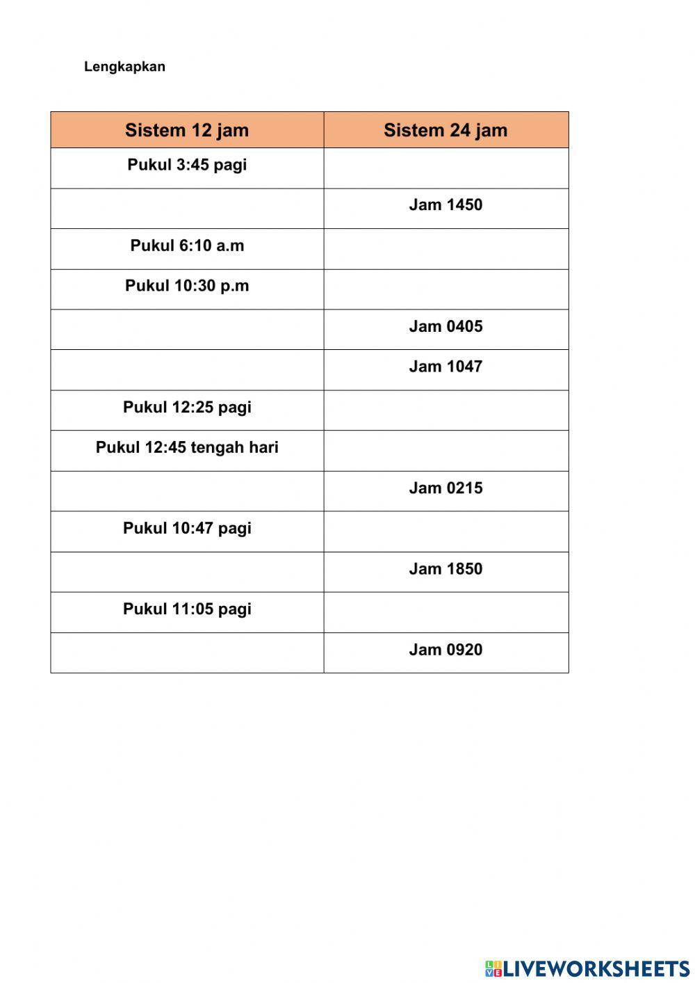 Sistem 24 jam | Live Worksheets