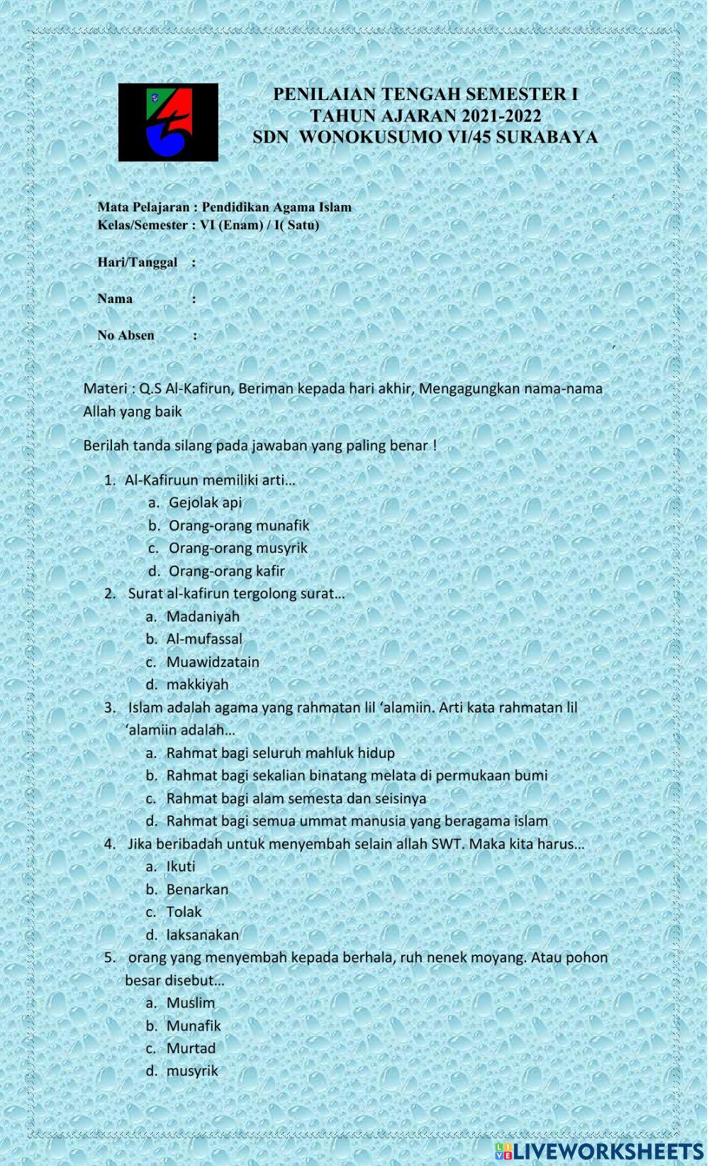 Pas kelas 6 activity | Live Worksheets