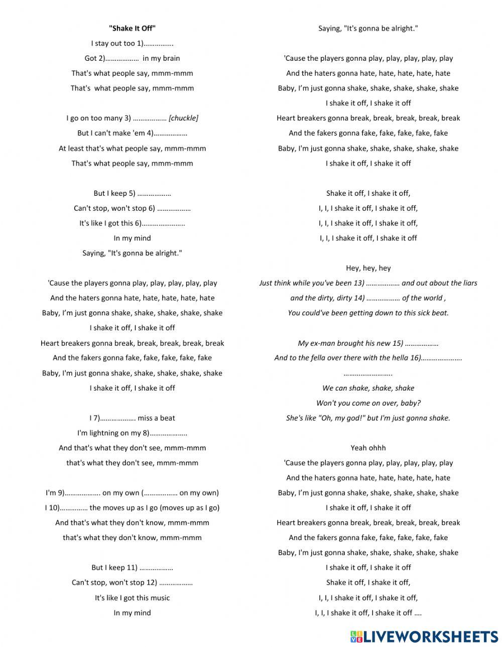 Shake it off 1678732 | Dunya Martínez | LiveWorksheets