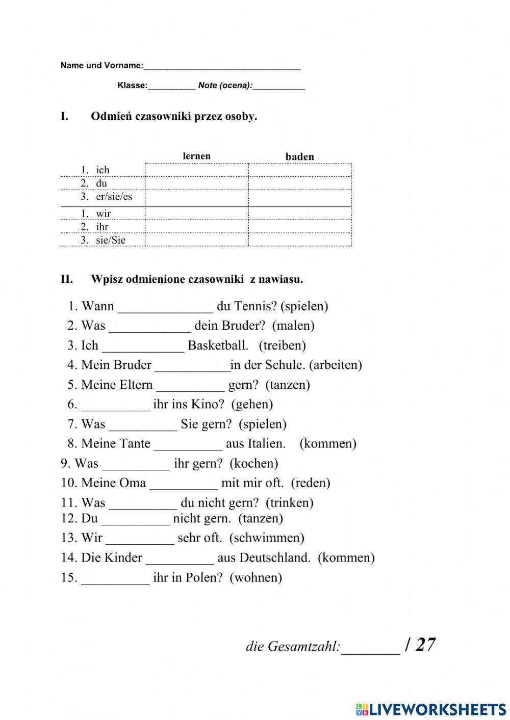 Kartkówka z czasowników regularnych online exercise for | Live Worksheets