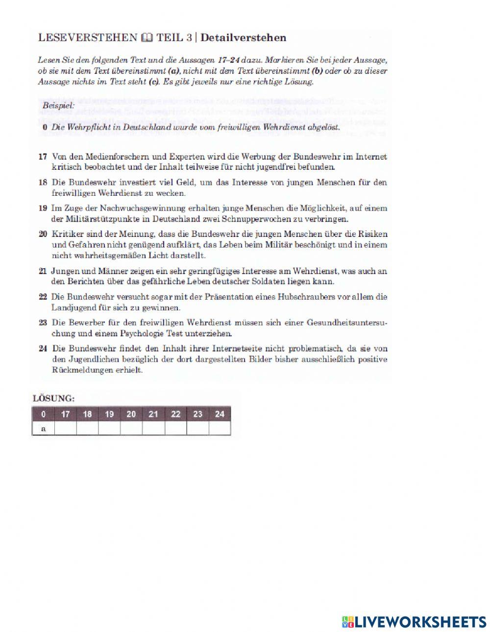 Leseverstehen interactive worksheet for C1 | Live Worksheets