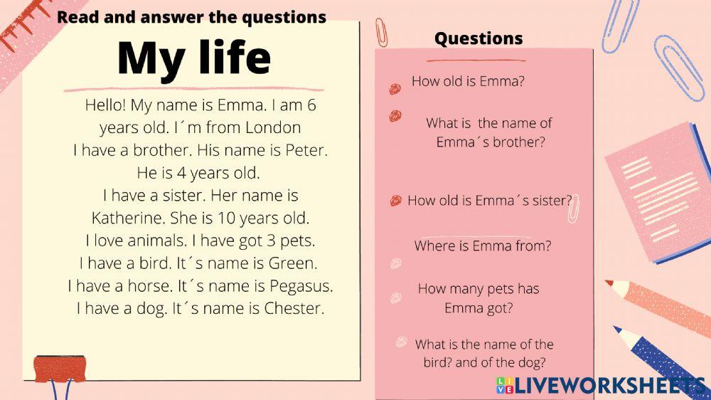 Emma-s life worksheet | Live Worksheets