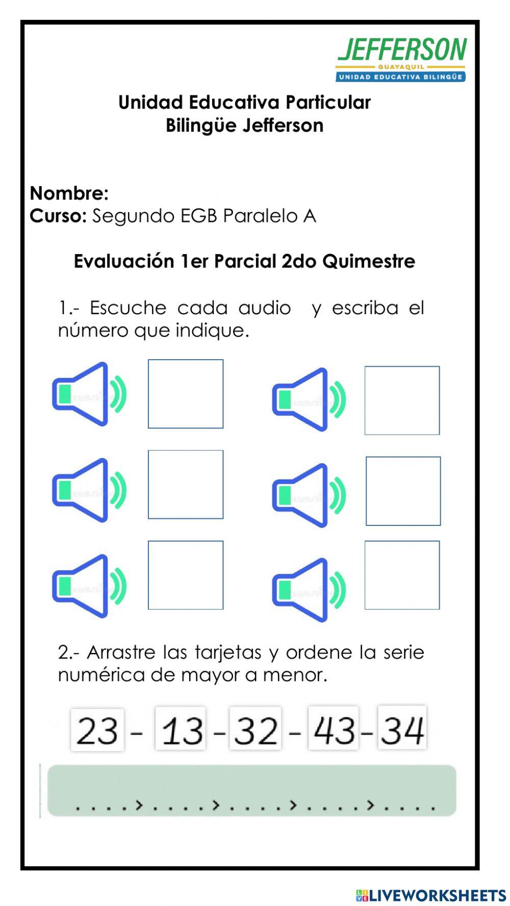 Evaluación Primer Parcial online worksheet for segundo | Live Worksheets