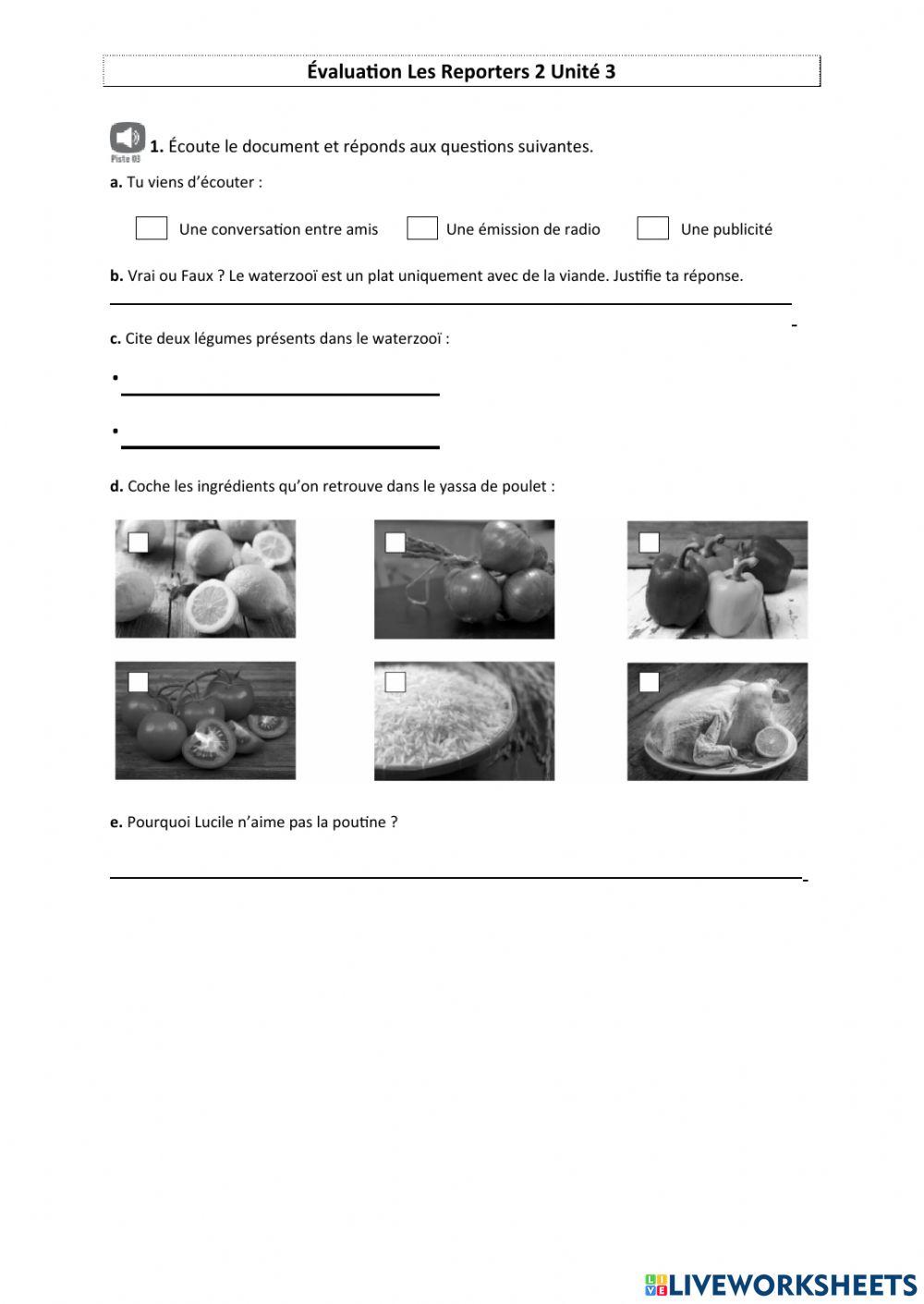 Évaluation Les Reporters 2 Unité 3 online exercise for | Live Worksheets