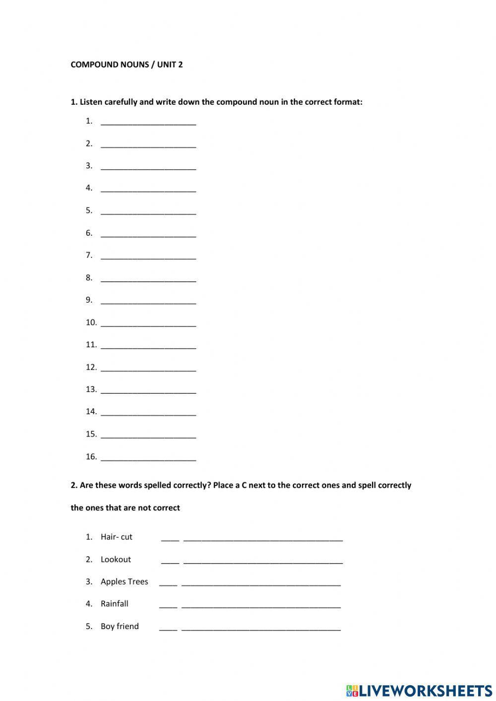 Compound nouns worksheet for Tercero BGU | Live Worksheets