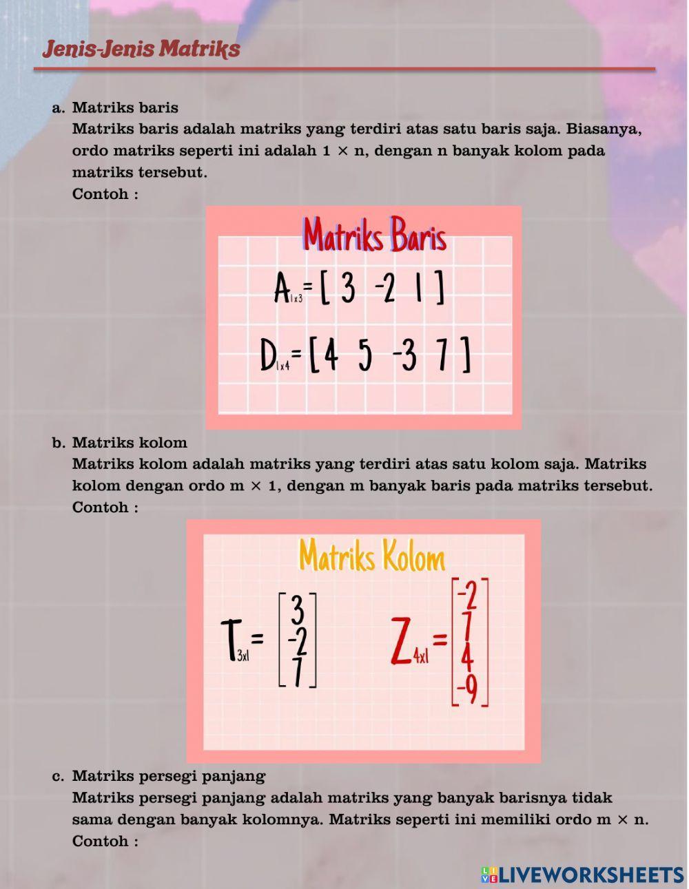 Pengertian dan jenis-jenis matriks interactive worksheet | Live Worksheets
