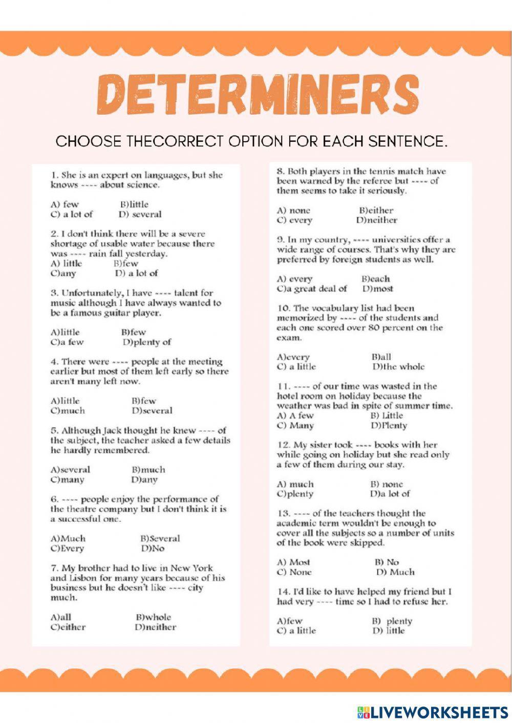 Determiners | Free Interactive Worksheets | 1679861