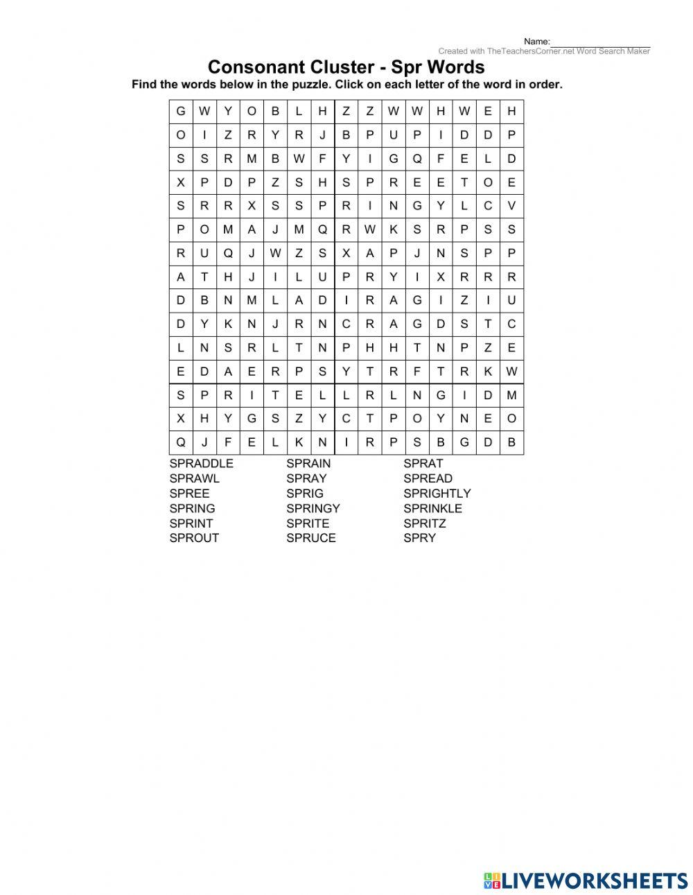 Consonant Cluster - spr Wordsearch online exercise for | Live Worksheets
