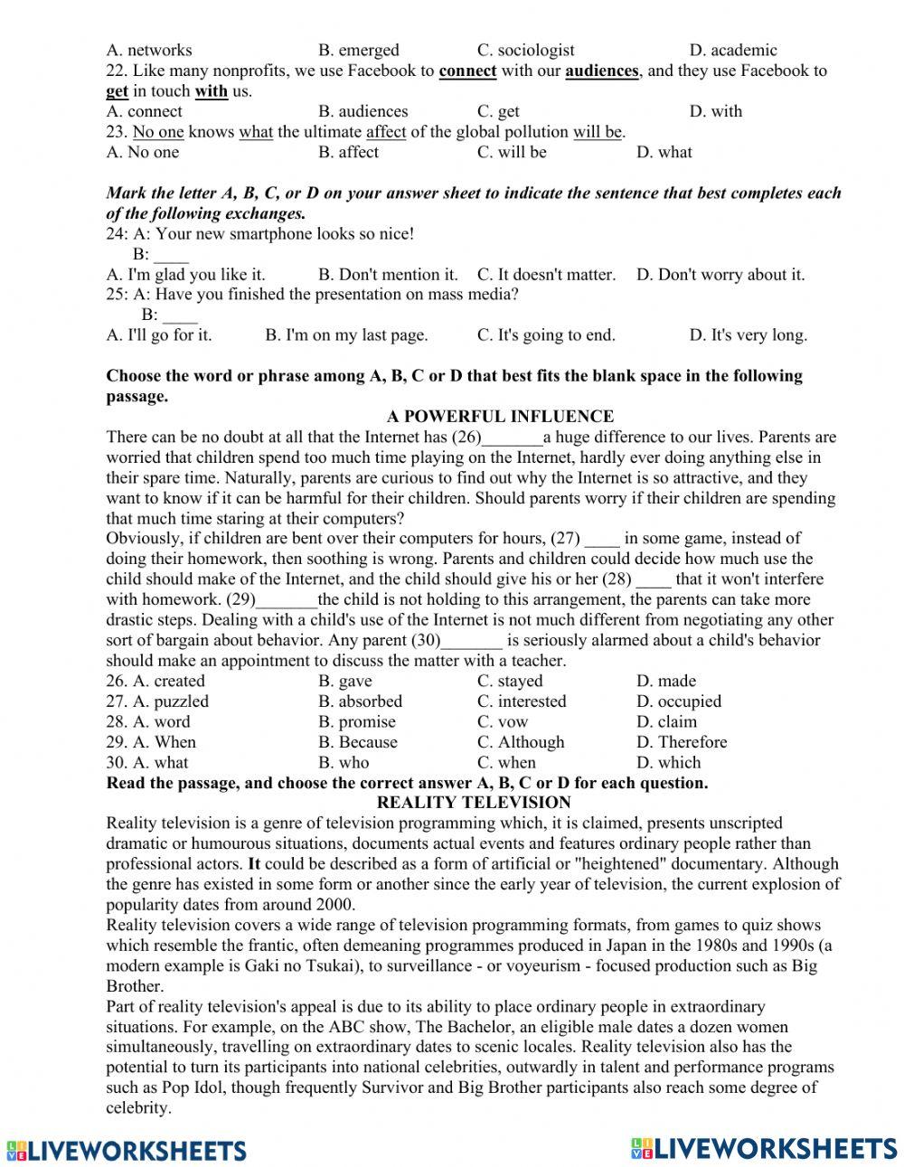 Unit 4 grade 12 2512 | nhauyen241295 | Live Worksheets