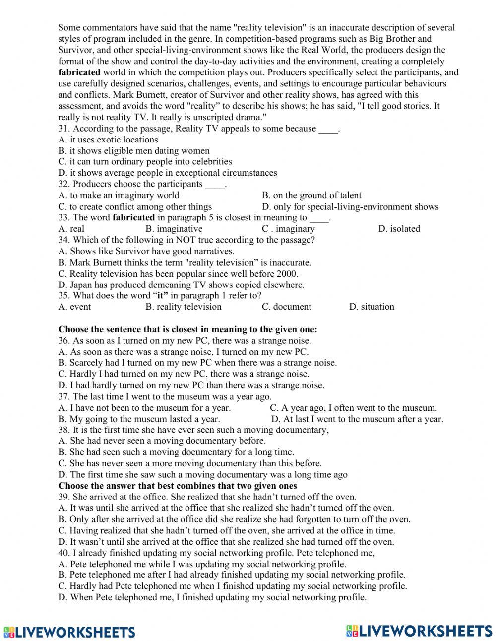 Unit 4 grade 12 2512 | nhauyen241295 | Live Worksheets