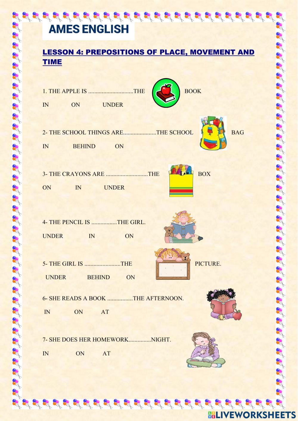 preposition worksheet year 4
