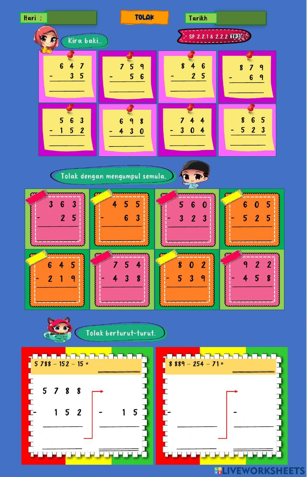 Tolak Tahun 3 worksheet | Live Worksheets