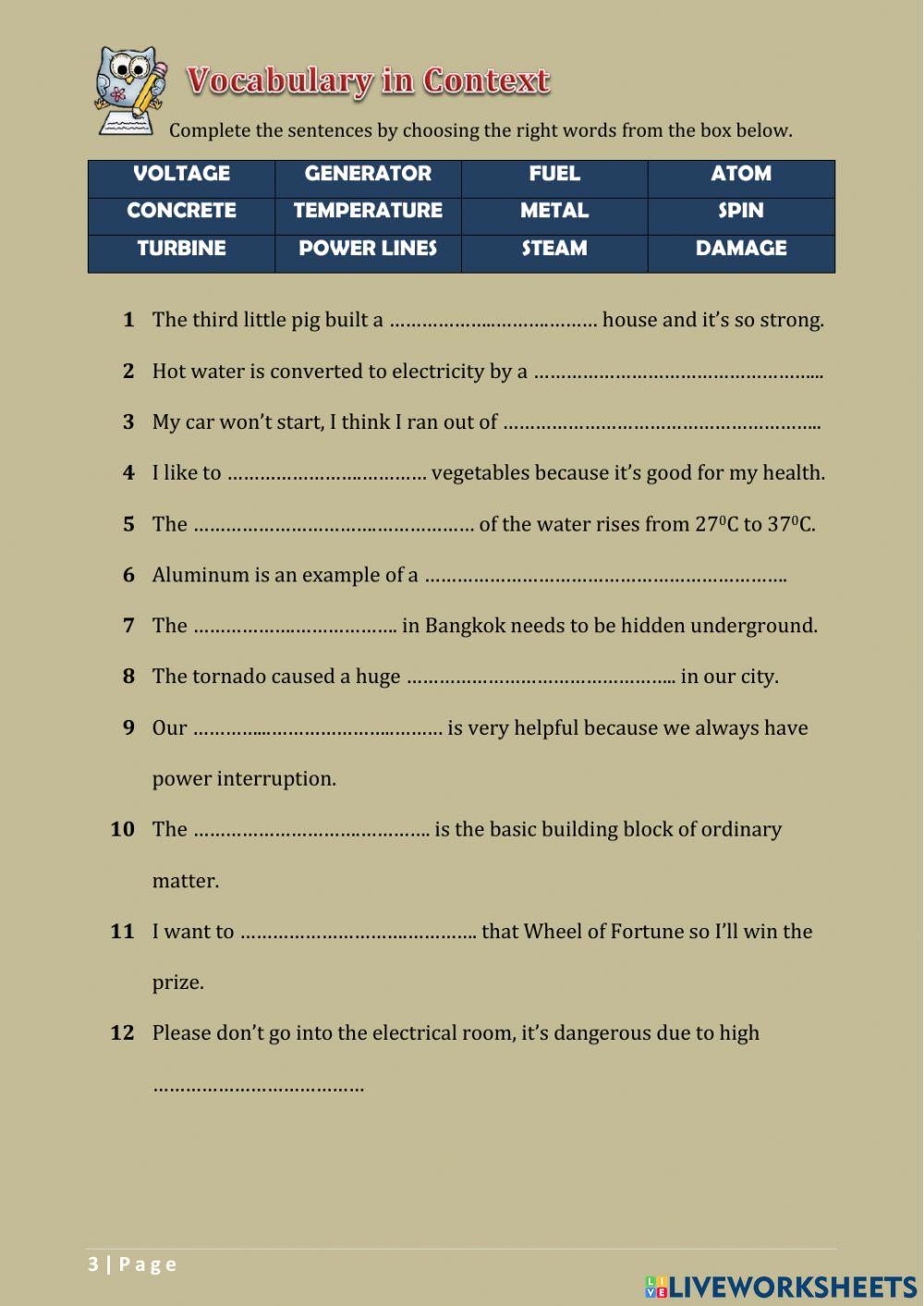 Nuclear power- vocabs worksheet | Live Worksheets