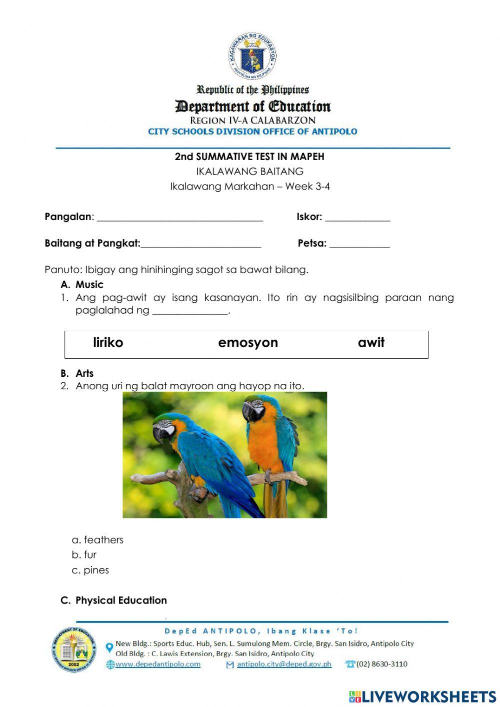 SECOND SUMMATIVE IN MAPEH 4137277 | Mary Grace Ranay