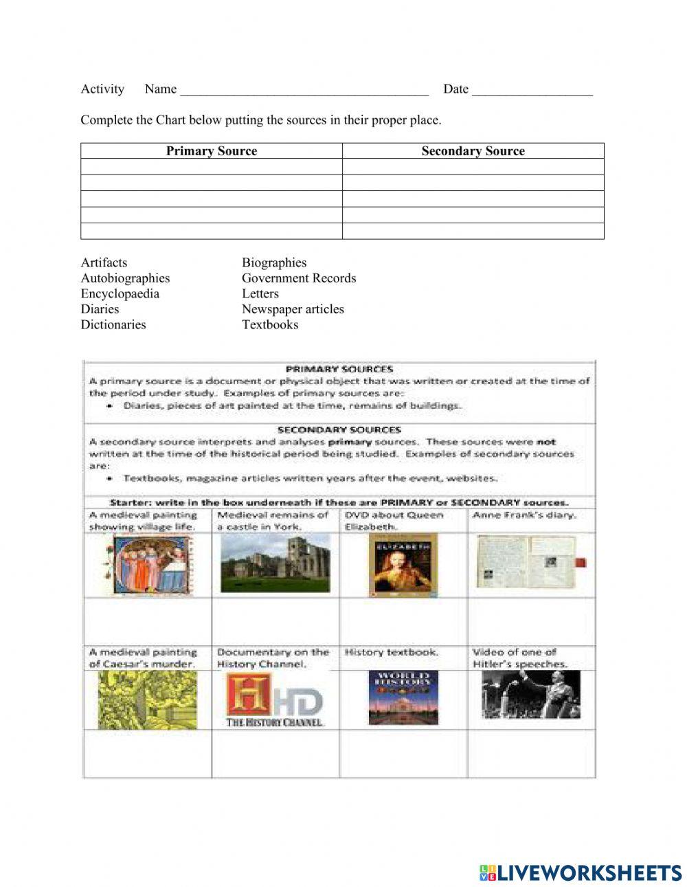 Sources Primary and Secondary online exercise for | Live Worksheets