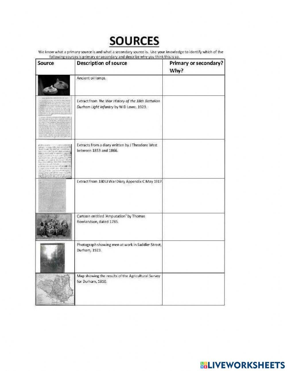 Sources Primary and Secondary online exercise for | Live Worksheets
