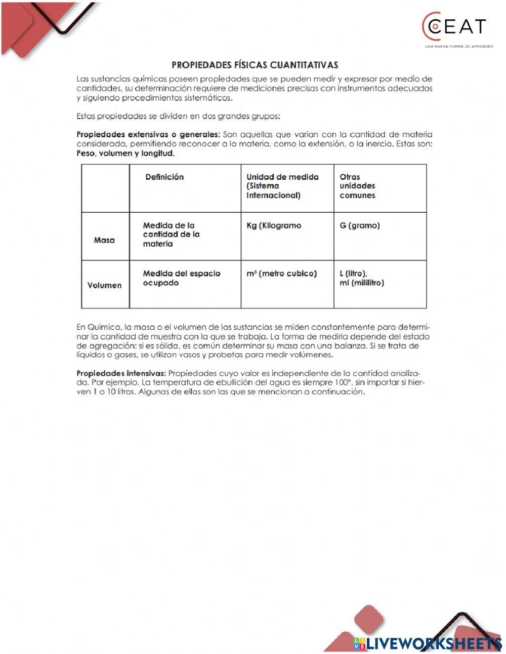 Propiedades cuantitativas worksheet | Live Worksheets