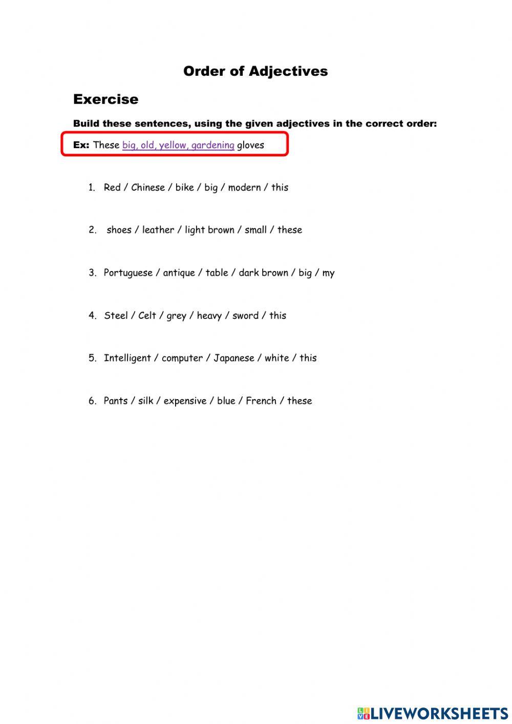 Order of adjectives II worksheet | Live Worksheets