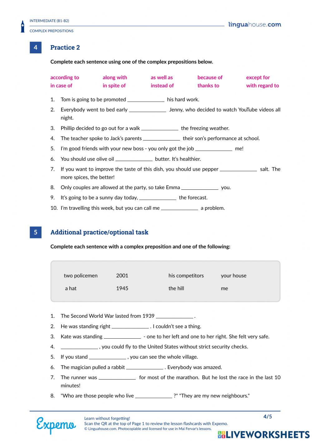 Complex Prepositions online exercise for | Live Worksheets