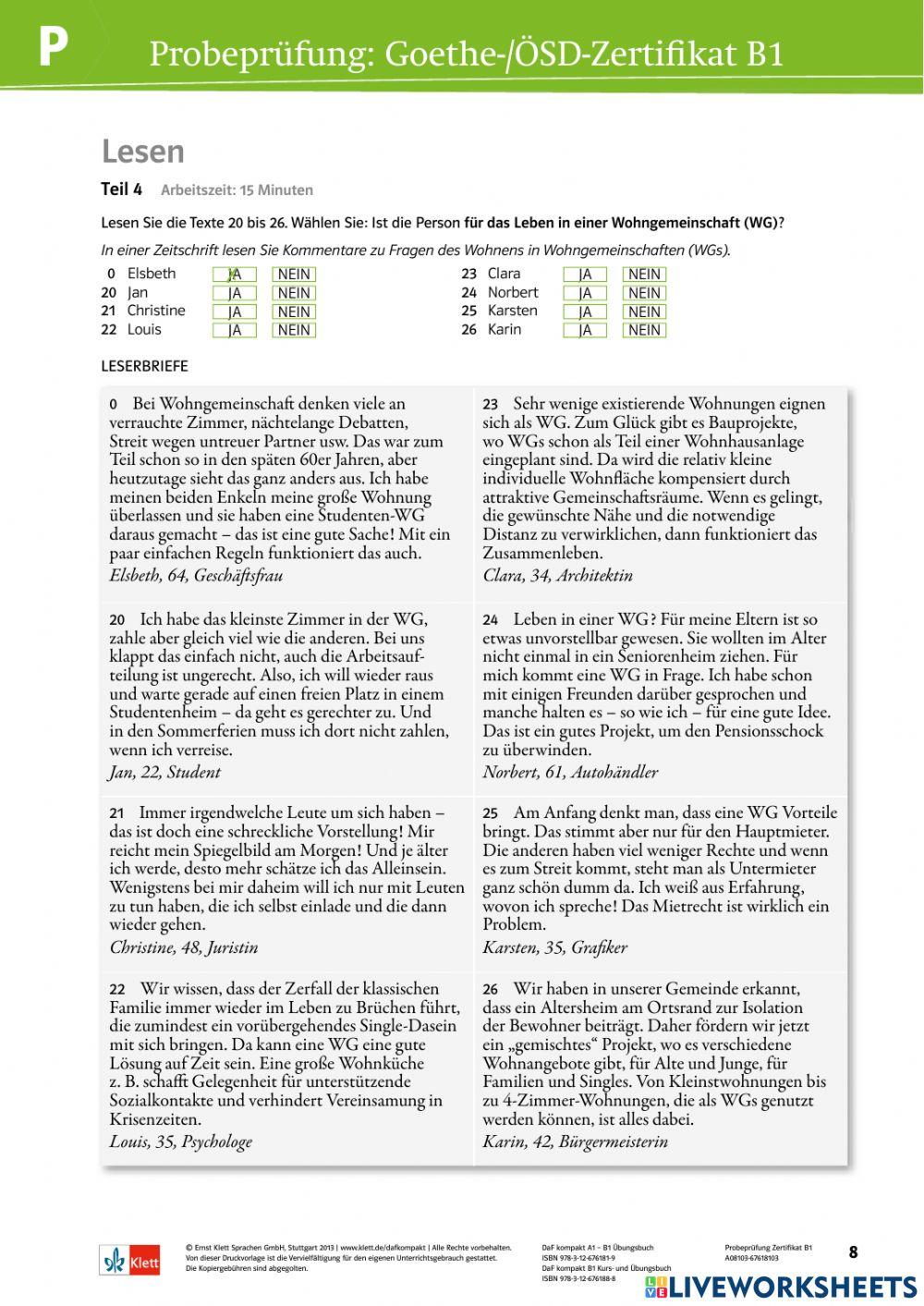 LESEVERSTEHEN B1 | Free Interactive Worksheets | 6786238