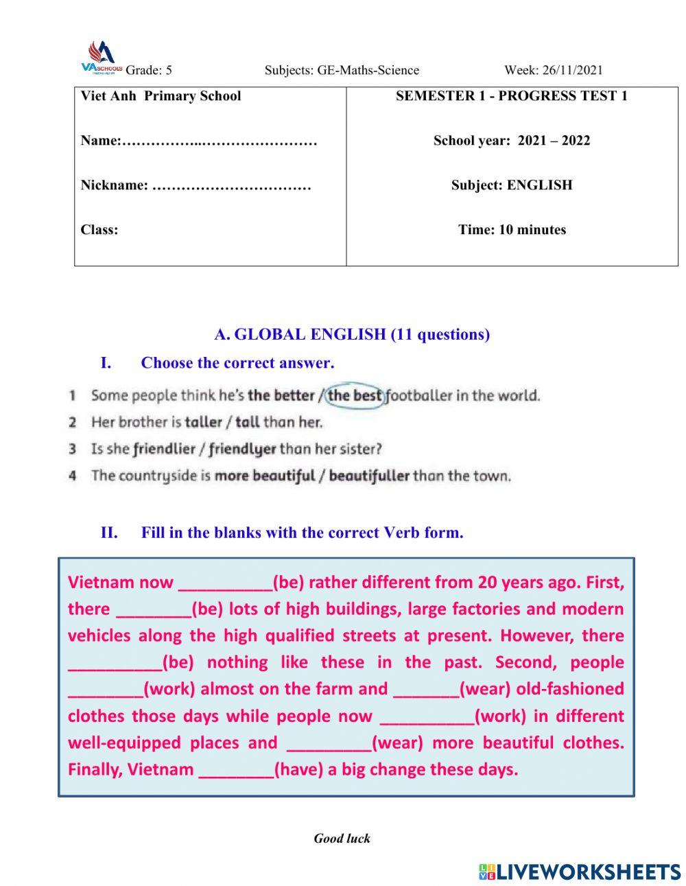 10 minutes-test worksheet | Live Worksheets